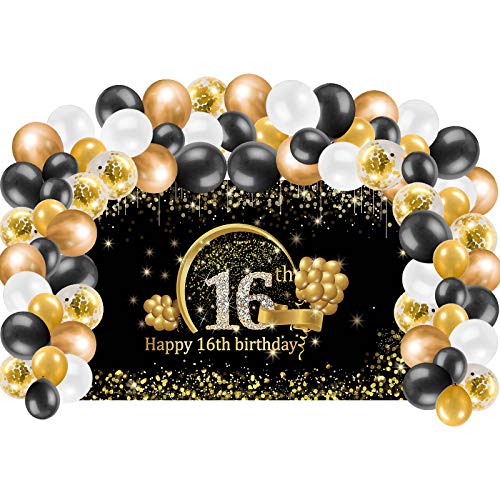 Kauayurk 16th Birthday Banner Backdrop Decorations & Balloon Garland Arch Kit for Boy Girl, Gold Extra Large Cheers to 16 Years Birthday Party Supplies, Sixteen Birthday Poster Photo Booth