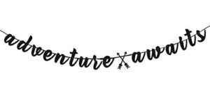 adventure awaits banner – the adventure begins, graduation / retirement birthday baby shower travel theme party decoration supplies black glitter.