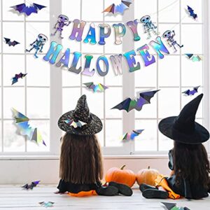 Happy Halloween Banner Sign Iridescent Skull Hanging Bunting with 3D Bat Wall Decal Sticker in Holographic Black Silver with LED String Light for Halloween All Hallows Eve Birthday Party Decorations