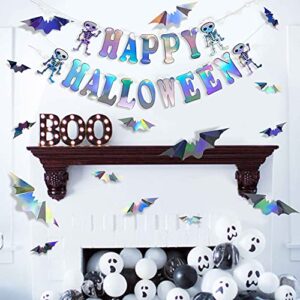 Happy Halloween Banner Sign Iridescent Skull Hanging Bunting with 3D Bat Wall Decal Sticker in Holographic Black Silver with LED String Light for Halloween All Hallows Eve Birthday Party Decorations