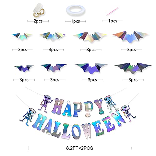 Happy Halloween Banner Sign Iridescent Skull Hanging Bunting with 3D Bat Wall Decal Sticker in Holographic Black Silver with LED String Light for Halloween All Hallows Eve Birthday Party Decorations