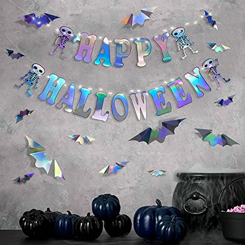 Happy Halloween Banner Sign Iridescent Skull Hanging Bunting with 3D Bat Wall Decal Sticker in Holographic Black Silver with LED String Light for Halloween All Hallows Eve Birthday Party Decorations