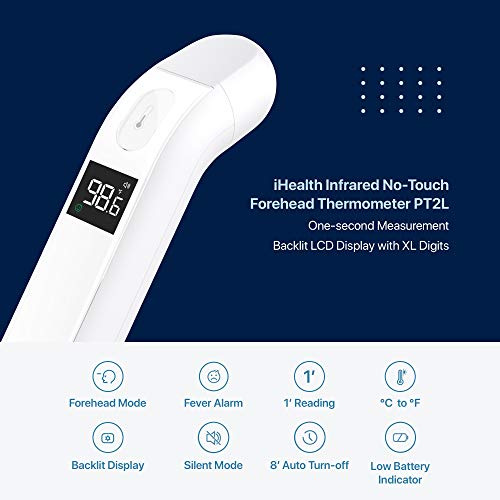 Thermometer for Adults by iHealth, Infrared Forehead Thermometer for Adults and Kids, Touchless Digital Baby Thermometer with Fever Indicator, Non Contact Thermometer (PT2L)