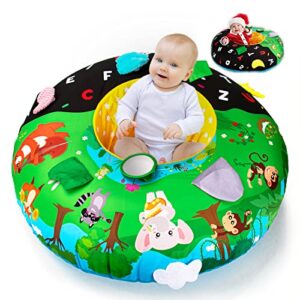 inflatable activity center for baby, sensory newborn toys baby floor seat supports baby sitting training, with different texured fabrics&mirror, high contrast baby toys for letter learning 34.5in