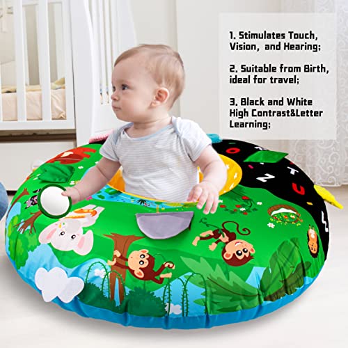 Inflatable Activity Center for Baby, Sensory Newborn Toys Baby Floor Seat Supports Baby Sitting Training, with Different Texured Fabrics&Mirror, High Contrast Baby Toys for Letter Learning 34.5in