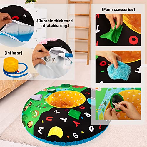 Inflatable Activity Center for Baby, Sensory Newborn Toys Baby Floor Seat Supports Baby Sitting Training, with Different Texured Fabrics&Mirror, High Contrast Baby Toys for Letter Learning 34.5in