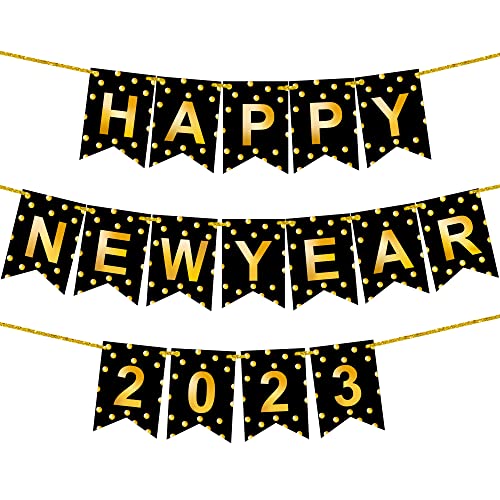 Shiny, Happy New Year Banner 2023 - 10 Feet, No DIY | NYE Decorations 2023 | Happy New Year Sign for New Years Eve Party Supplies 2023 | New Years Eve Decorations for Happy New Year Decorations 2023