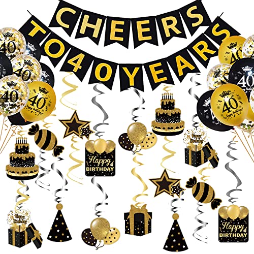 Mocossmy 40th Birthday Party Decorations Kits,Happy Birthday Hanging Swirls & Cheers Birthday Banner & Balloons Black and Gold Birthday Party Supplies for Women Men Gifts Indoor Outdoor Birthday Decoration