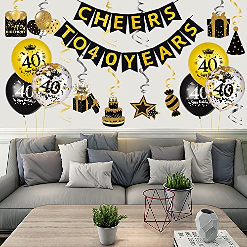 Mocossmy 40th Birthday Party Decorations Kits,Happy Birthday Hanging Swirls & Cheers Birthday Banner & Balloons Black and Gold Birthday Party Supplies for Women Men Gifts Indoor Outdoor Birthday Decoration