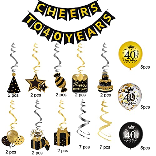 Mocossmy 40th Birthday Party Decorations Kits,Happy Birthday Hanging Swirls & Cheers Birthday Banner & Balloons Black and Gold Birthday Party Supplies for Women Men Gifts Indoor Outdoor Birthday Decoration