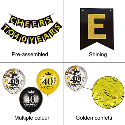 Mocossmy 40th Birthday Party Decorations Kits,Happy Birthday Hanging Swirls & Cheers Birthday Banner & Balloons Black and Gold Birthday Party Supplies for Women Men Gifts Indoor Outdoor Birthday Decoration