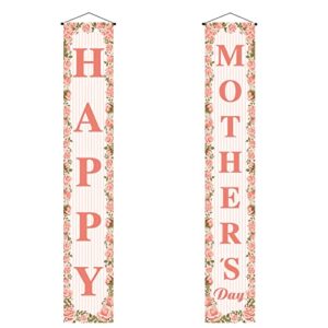 Happy Mother's Day Porch Banner I Love Mom Pink Rose Floral Holiday Party Front Door Sign Wall Hanging Banner Decoration