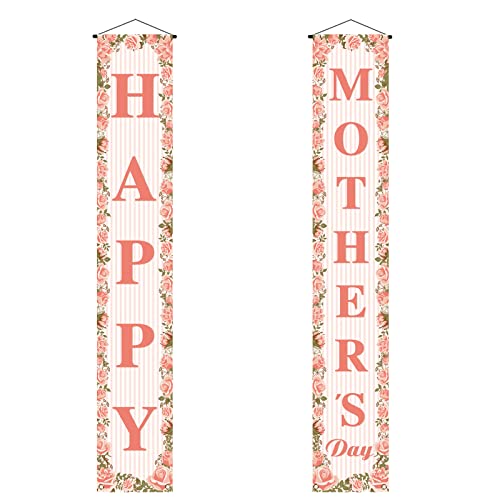 Happy Mother's Day Porch Banner I Love Mom Pink Rose Floral Holiday Party Front Door Sign Wall Hanging Banner Decoration