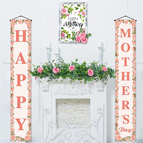 Happy Mother's Day Porch Banner I Love Mom Pink Rose Floral Holiday Party Front Door Sign Wall Hanging Banner Decoration