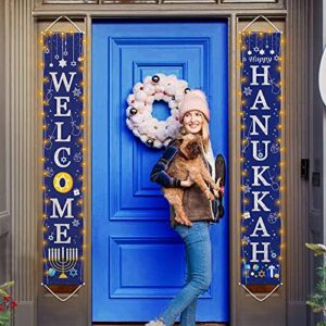 Hanukkah Door Decoration Banner with String Light, 72''x12'' Hanukkah Front Door Porch Sign Welcome and Happy Hanukkah Chanukah Home Decorations Party Supplies (NO BATTERY)