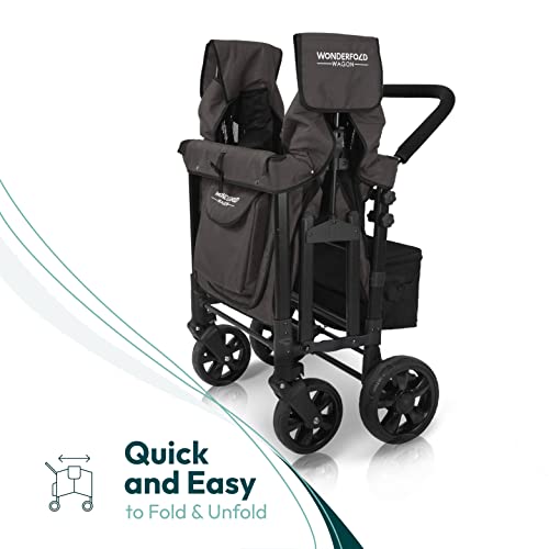 WONDERFOLD W4 Original Quad Stroller Wagon Featuring 4 High Face-to-Face Seats with 5-Point Harnesses, Easy Access Front Zipper Door, and Removable UV-Protection Canopy, Black