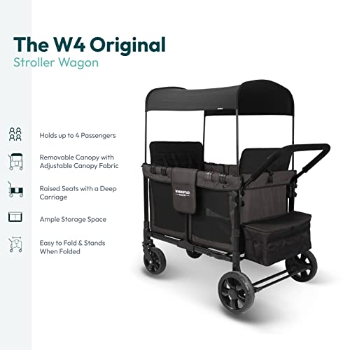 WONDERFOLD W4 Original Quad Stroller Wagon Featuring 4 High Face-to-Face Seats with 5-Point Harnesses, Easy Access Front Zipper Door, and Removable UV-Protection Canopy, Black