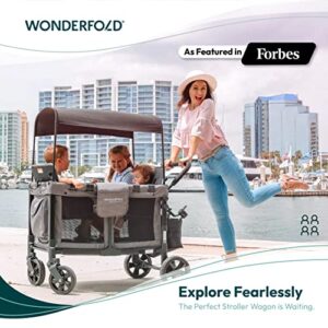 WONDERFOLD W4 Original Quad Stroller Wagon Featuring 4 High Face-to-Face Seats with 5-Point Harnesses, Easy Access Front Zipper Door, and Removable UV-Protection Canopy, Black