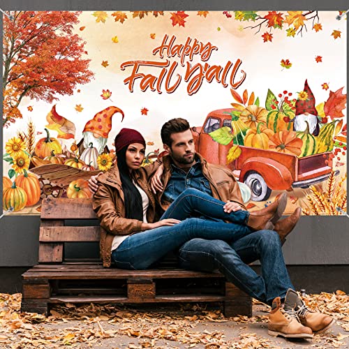 Happy Fall Y'all Backdrop Decoration Gnome Pumpkin Background Fabric for Photography Photoshoot Harvest Holiday Party Banner Photo Props for Autumn Thanksgiving Birthday Baby Shower, 72.8 x 43.3 Inch