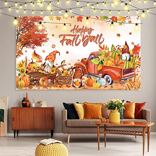 Happy Fall Y'all Backdrop Decoration Gnome Pumpkin Background Fabric for Photography Photoshoot Harvest Holiday Party Banner Photo Props for Autumn Thanksgiving Birthday Baby Shower, 72.8 x 43.3 Inch