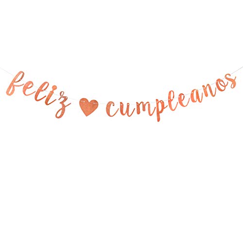 Rose Gold Glitter Feliz Cumpleanos Banner, Bunting Garlands for Celebrating Fiesta Theme/Spanish Birthday/Anniversary Party Decoration (Pre-Strung)