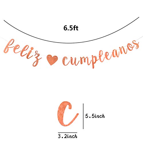 Rose Gold Glitter Feliz Cumpleanos Banner, Bunting Garlands for Celebrating Fiesta Theme/Spanish Birthday/Anniversary Party Decoration (Pre-Strung)