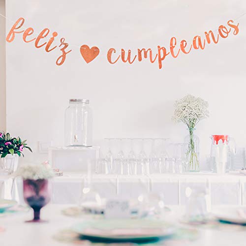 Rose Gold Glitter Feliz Cumpleanos Banner, Bunting Garlands for Celebrating Fiesta Theme/Spanish Birthday/Anniversary Party Decoration (Pre-Strung)