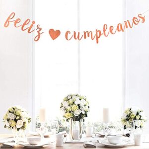 Rose Gold Glitter Feliz Cumpleanos Banner, Bunting Garlands for Celebrating Fiesta Theme/Spanish Birthday/Anniversary Party Decoration (Pre-Strung)