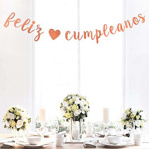 Rose Gold Glitter Feliz Cumpleanos Banner, Bunting Garlands for Celebrating Fiesta Theme/Spanish Birthday/Anniversary Party Decoration (Pre-Strung)