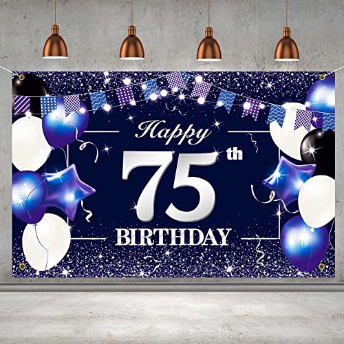 P.G Collin Happy 75th Birthday Banner Backdrop Sign Background 75 Birthday Party Decorations Supplies for Him Men 6 x 4ft Blue Purple Blue White 75