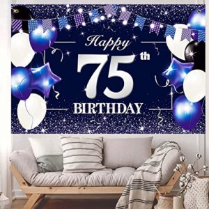 P.G Collin Happy 75th Birthday Banner Backdrop Sign Background 75 Birthday Party Decorations Supplies for Him Men 6 x 4ft Blue Purple Blue White 75