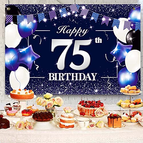 P.G Collin Happy 75th Birthday Banner Backdrop Sign Background 75 Birthday Party Decorations Supplies for Him Men 6 x 4ft Blue Purple Blue White 75