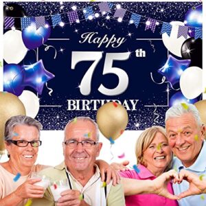 P.G Collin Happy 75th Birthday Banner Backdrop Sign Background 75 Birthday Party Decorations Supplies for Him Men 6 x 4ft Blue Purple Blue White 75