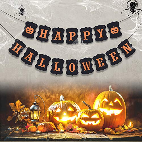 ERKOON Happy Halloween Banner Bunting with Pumpkin Sign for Halloween Wall Decorations Party Supplies Home Hanging Photo Props