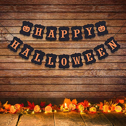 ERKOON Happy Halloween Banner Bunting with Pumpkin Sign for Halloween Wall Decorations Party Supplies Home Hanging Photo Props