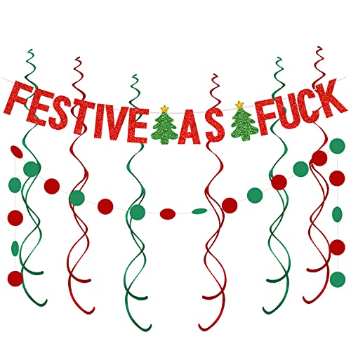 Glitter Festive As Fuck Banner,Christmas Banner with Christmas Trees,Christmas Mantle Decor,Fireplace Christmas Decorations,Friendsmas Banner,Christmas Home Decorations,Holiday Decorations.