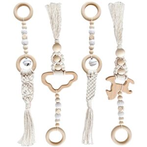 beavorty 4pcs baby wooden gym teething rings with tassels macrame fitness woven crib hanging rattles pendants toys crib hanging ornaments