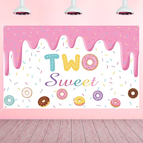 Crenics Two Sweet Birthday Party Decorations, Two Sweet Donut Birthday Backdrop Banner, Donut Theme Birthday Party Supplies for 2nd Birthday Decorations Girls, 5.9 x 3.6 Ft