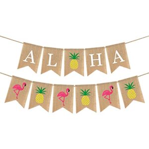 whaline hawaiian aloha burlap banner pineapple flamingo pattern summer garland flag pre-assembled tropical theme banner for summer beach pool barbecue party decoration supplies, 2pcs