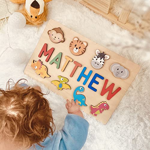 BeneCharm Personalized Name Puzzle for Kids 1st Birthday Gifts for Girls&Boys Engraved Text Greetings on Back Custom Wooden Name Signs with pegs Personalized Baby Gifts