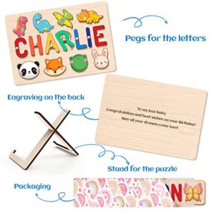 BeneCharm Personalized Name Puzzle for Kids 1st Birthday Gifts for Girls&Boys Engraved Text Greetings on Back Custom Wooden Name Signs with pegs Personalized Baby Gifts