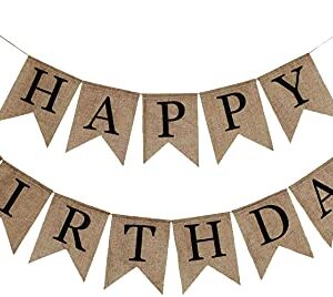 Happy Birthday Burlap Banner Rustic Bunting Garland Swallowtail Flags for Birthday Party Decorations by Ucity (Black)