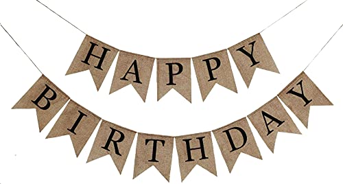 Happy Birthday Burlap Banner Rustic Bunting Garland Swallowtail Flags for Birthday Party Decorations by Ucity (Black)