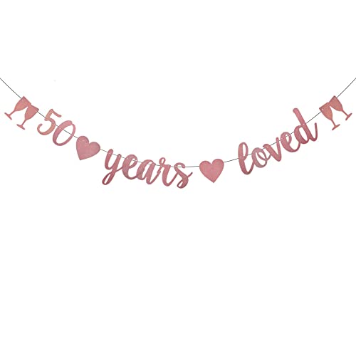 WEIANDBO 50 Years Loved Rose Gold Glitter Banner,Pre-Strung,50th Birthday / Wedding Anniversary Party Decorations Bunting Sign Backdrops,50 Years Loved