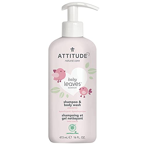 ATTITUDE 2-in-1 Shampoo and Body Wash for Baby, Fragrance-Free EWG Hypoallergenic Plant- and Mineral-Based Ingredients, Vegan and Cruelty-Free, Unscented, 16 Fl Oz