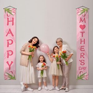 Happy Mother's Day Porch Banner Welcome Porch Sign Pink Heart Wall Hanging Banner Best Mom Ever Party Front Door Holiday Party Decor