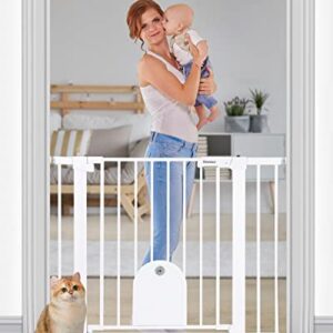 Newnice 40.6" -29.7" Auto Close Baby Gate with Small Cat Door, Easy Walk Thru & Durable Dog Pet Gates for Stairs, Doorway, House, Pressure Mounted Safety Child Gate Includes 4 Wall Cups