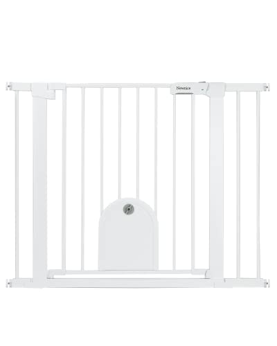 Newnice 40.6" -29.7" Auto Close Baby Gate with Small Cat Door, Easy Walk Thru & Durable Dog Pet Gates for Stairs, Doorway, House, Pressure Mounted Safety Child Gate Includes 4 Wall Cups