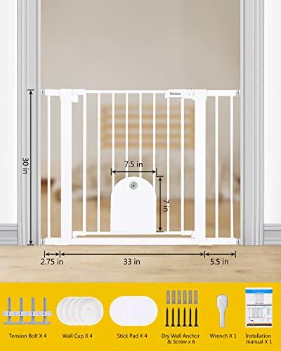 Newnice 40.6" -29.7" Auto Close Baby Gate with Small Cat Door, Easy Walk Thru & Durable Dog Pet Gates for Stairs, Doorway, House, Pressure Mounted Safety Child Gate Includes 4 Wall Cups