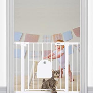 Newnice 40.6" -29.7" Auto Close Baby Gate with Small Cat Door, Easy Walk Thru & Durable Dog Pet Gates for Stairs, Doorway, House, Pressure Mounted Safety Child Gate Includes 4 Wall Cups